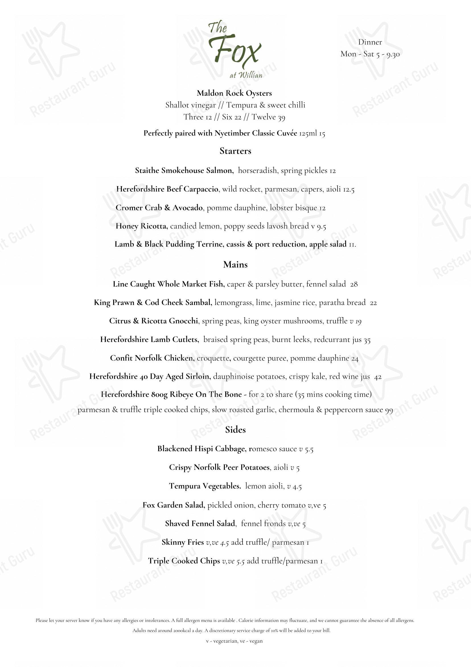Menu at The Fox at Willian pub & bar, Letchworth Garden City