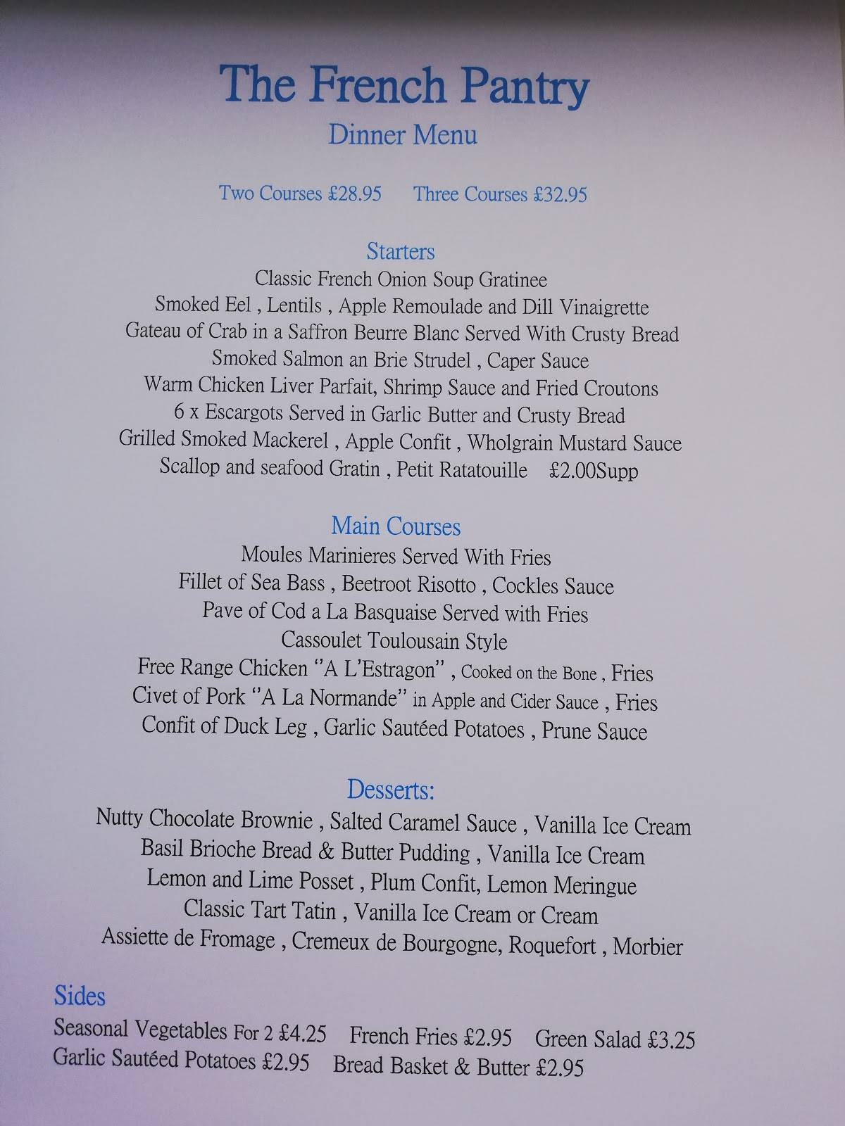Menu at The French Pantry restaurant, Ludlow