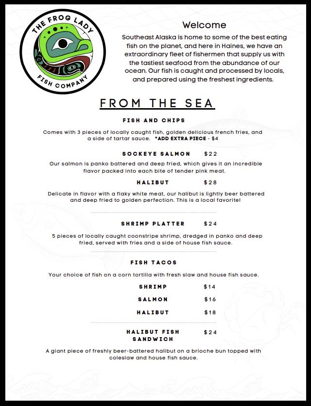 Menu at The Frog Lady Fish Company restaurant, Haines
