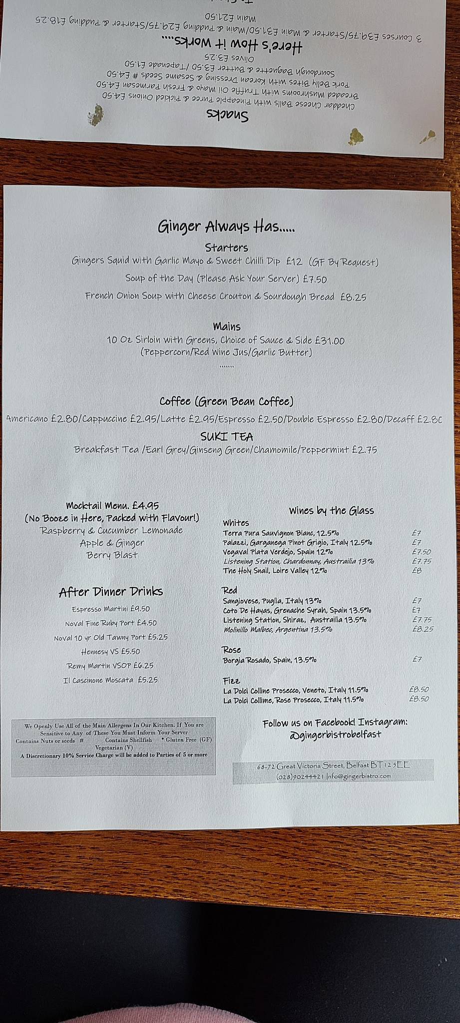 Menu at The Ginger Bistro restaurant, Belfast