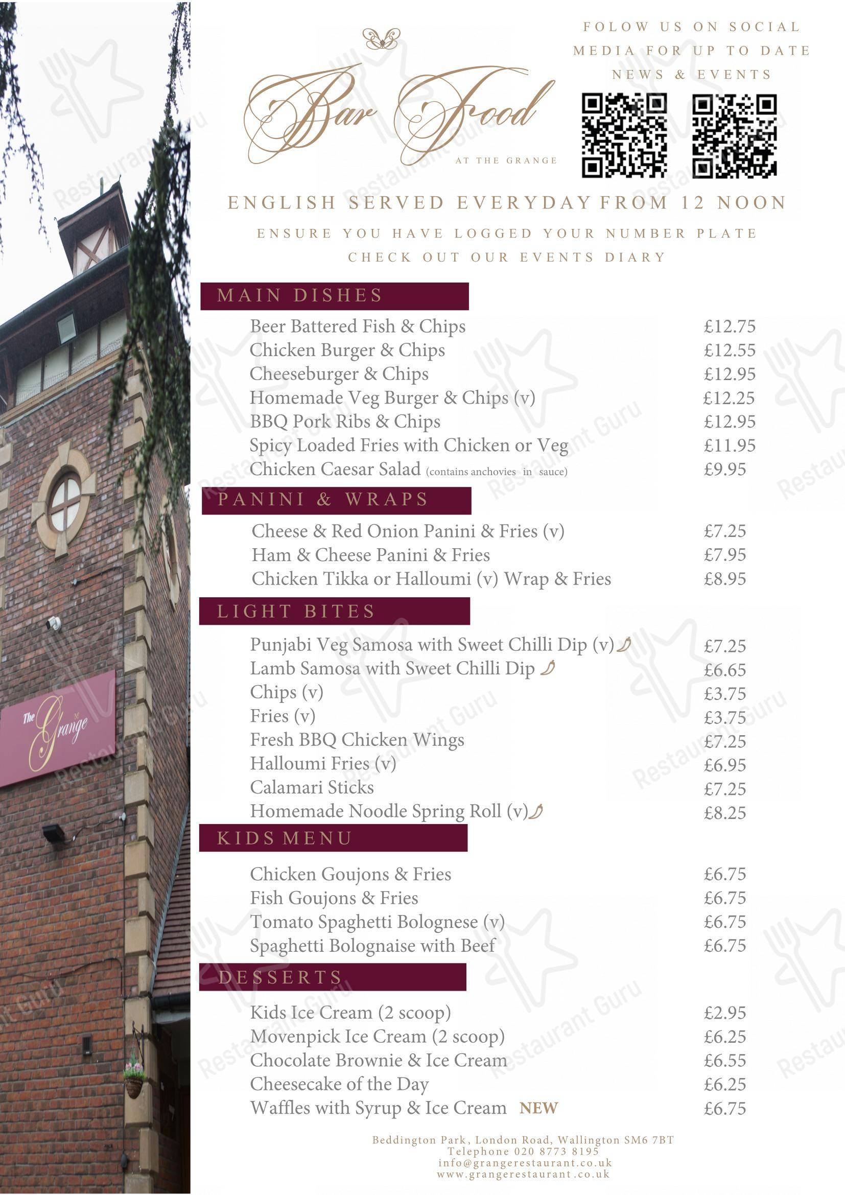 Menu at The Grange Restaurant, Wallington, Beddington Park