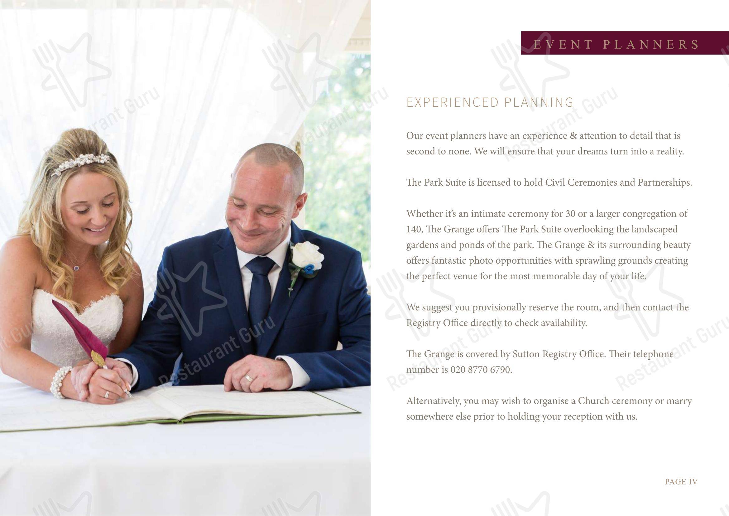Menu at The Grange Restaurant, Wallington, Beddington Park