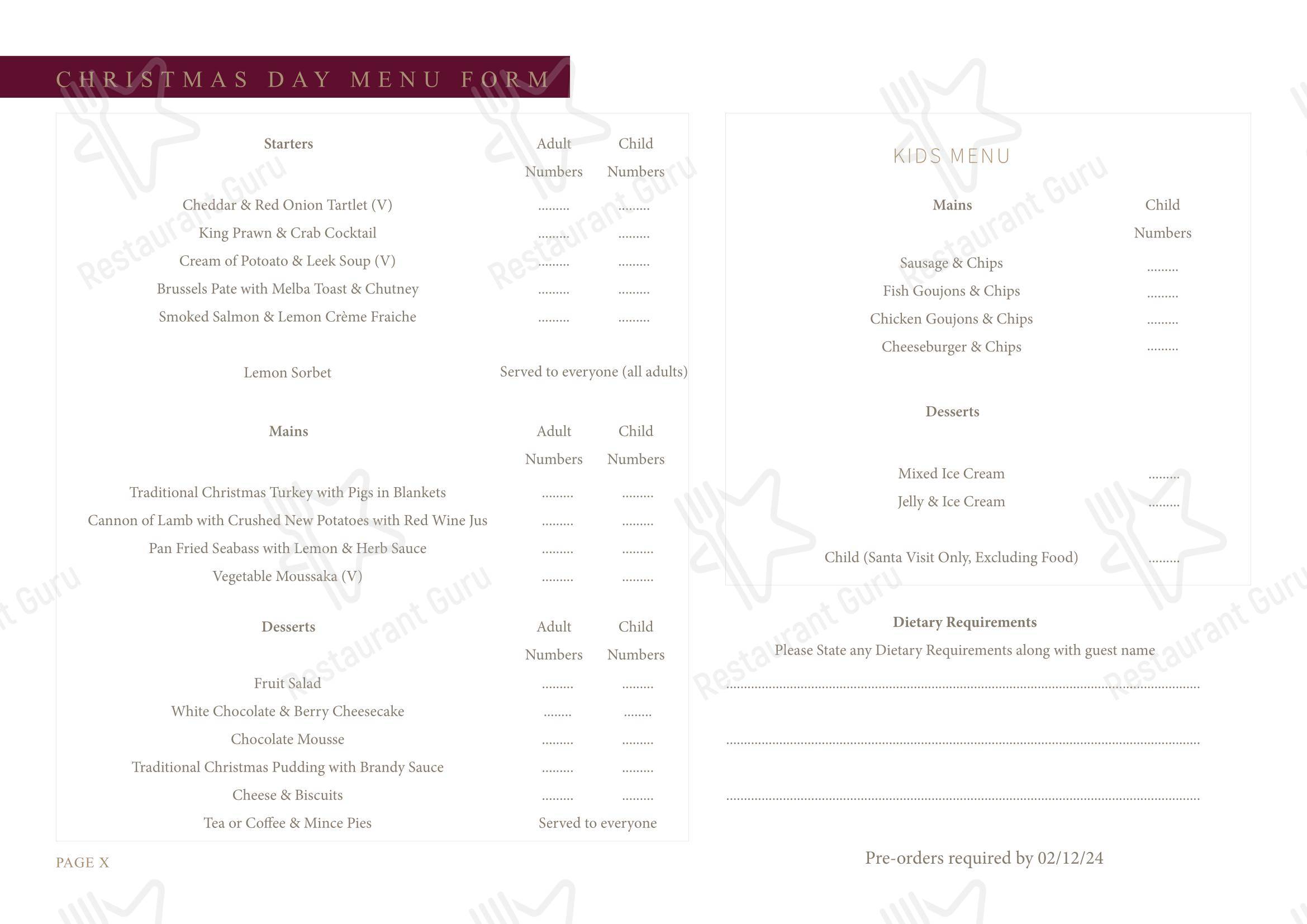 Menu at The Grange Restaurant, Wallington, Beddington Park