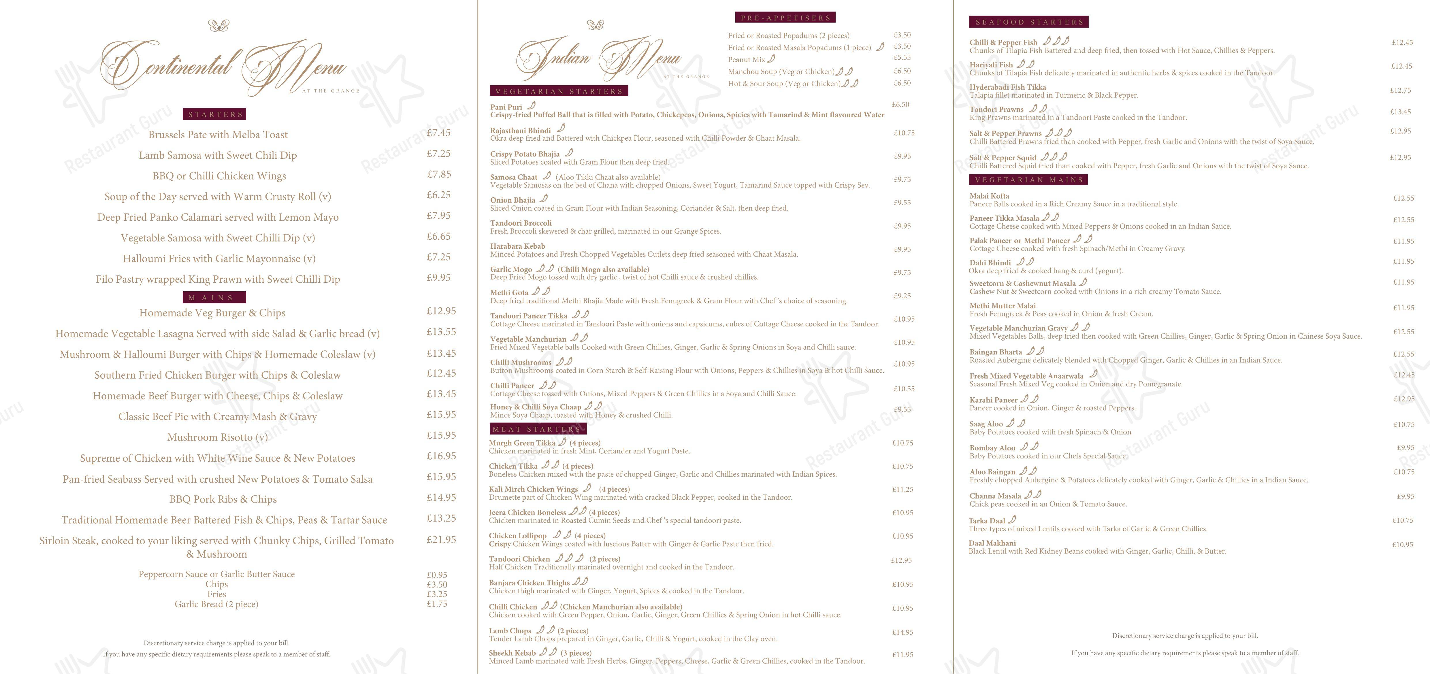 Menu at The Grange Restaurant, Wallington, Beddington Park
