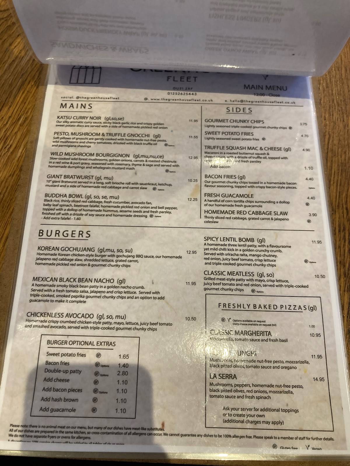 Menu at The Greenhouse restaurant, Fleet