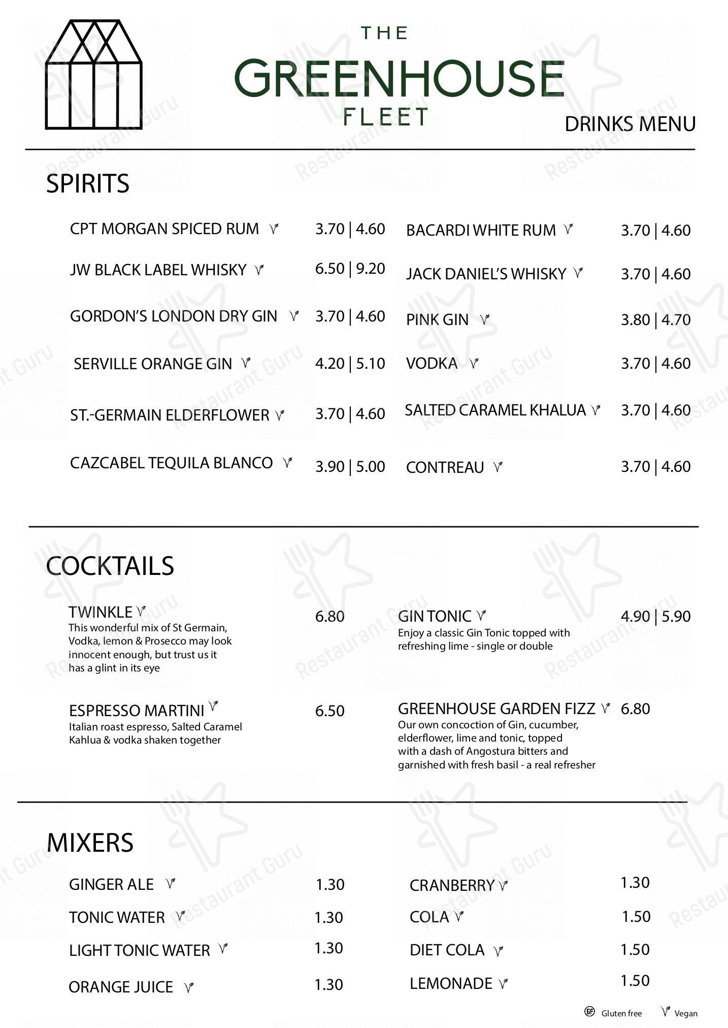 Menu at The Greenhouse restaurant, Fleet