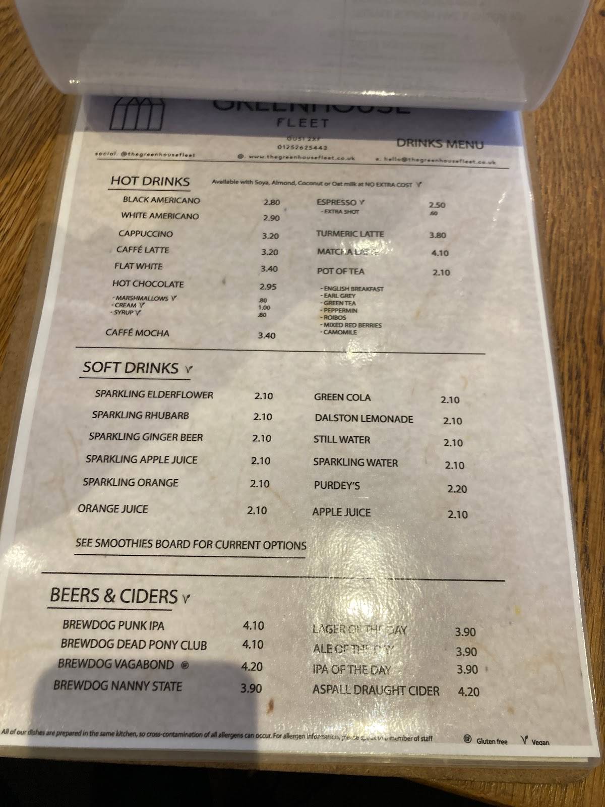 Menu at The Greenhouse restaurant, Fleet