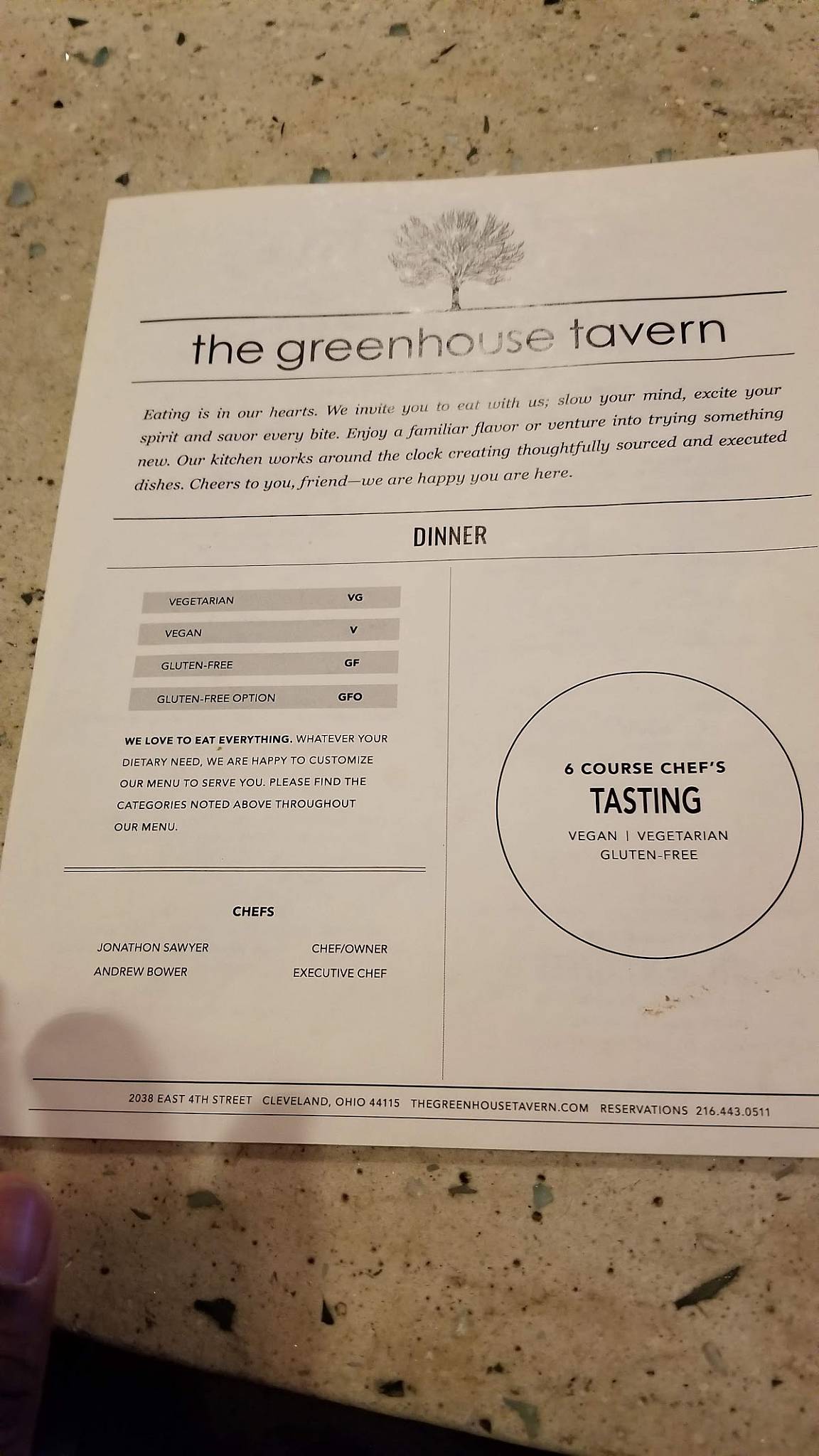 Menu at The Greenhouse Tavern restaurant, Cleveland