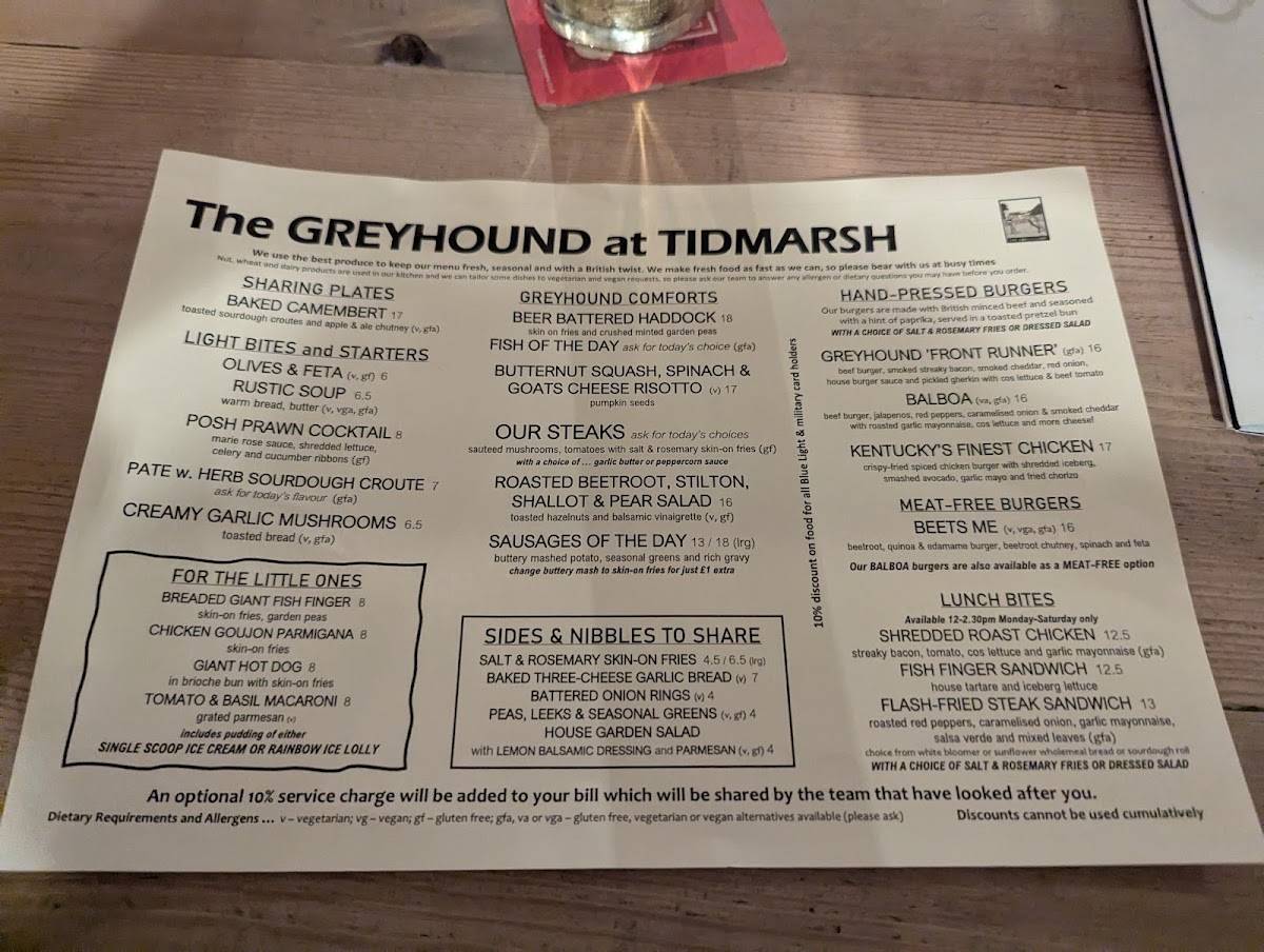 Menu at The Greyhound at Tidmarsh pub & bar, Reading
