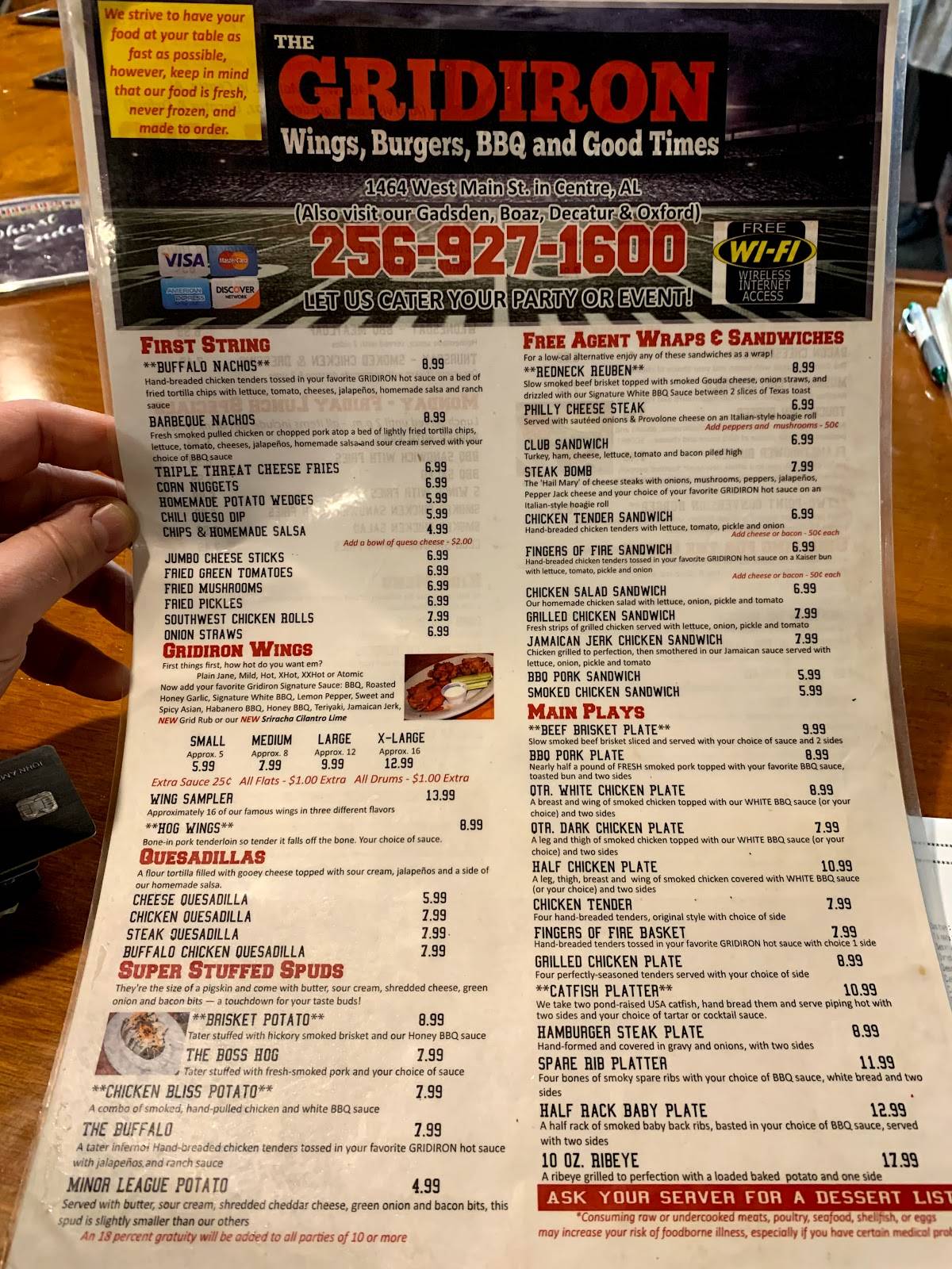 Menu at The Gridiron of Centre restaurant, Centre