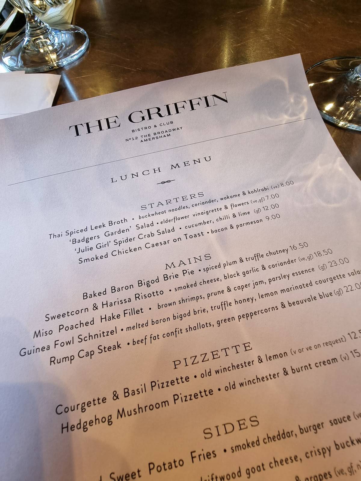 Menu at The Griffin restaurant, Amersham