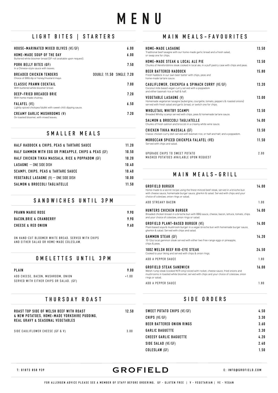 Menu at The Grofield Inn pub & bar, Abergavenny