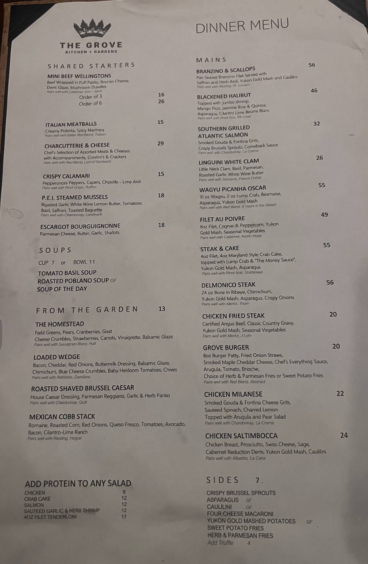 Menu at The Grove Kitchen & Gardens restaurant, Tyler