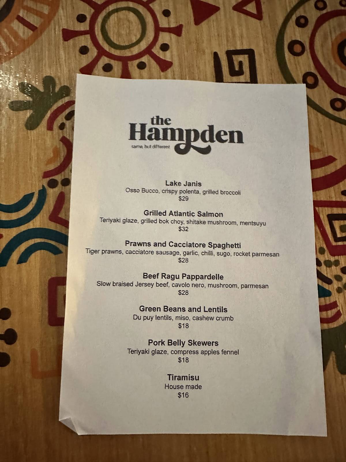 Menu at The Hampden Hotel pub & bar, Nedlands