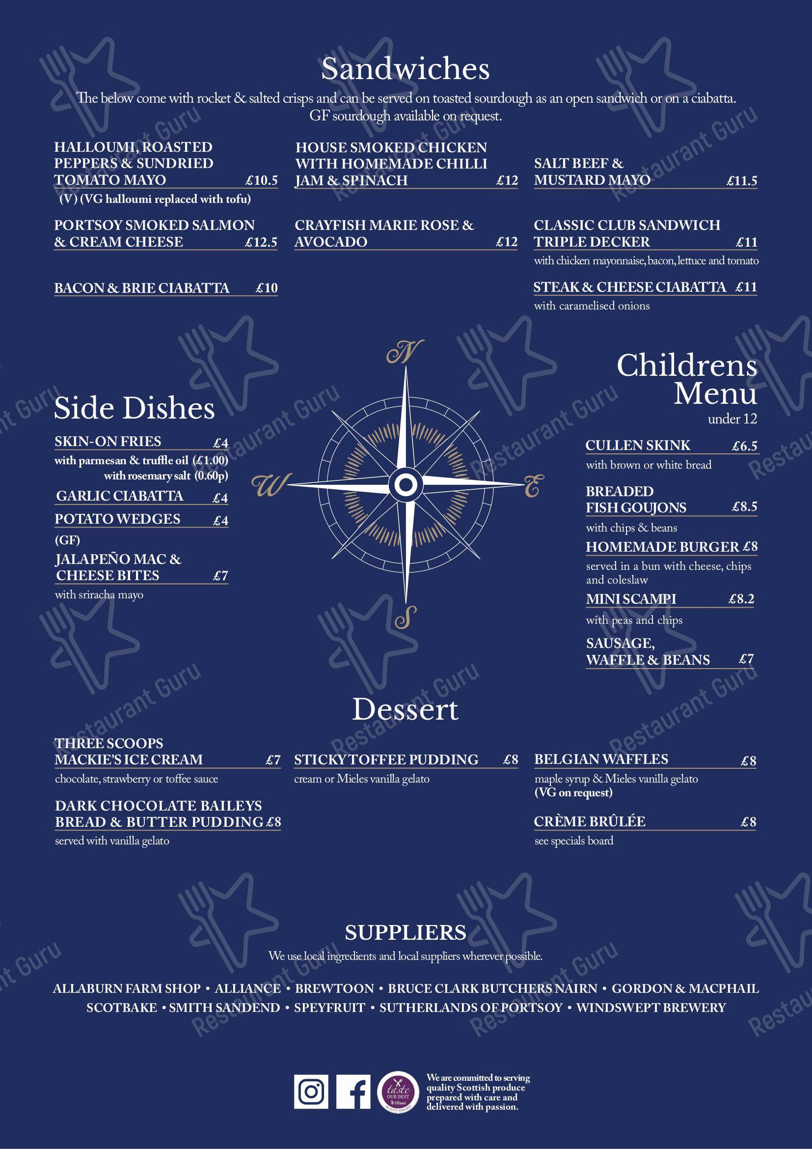 Menu at The Harbour Lights cafe, Lossiemouth