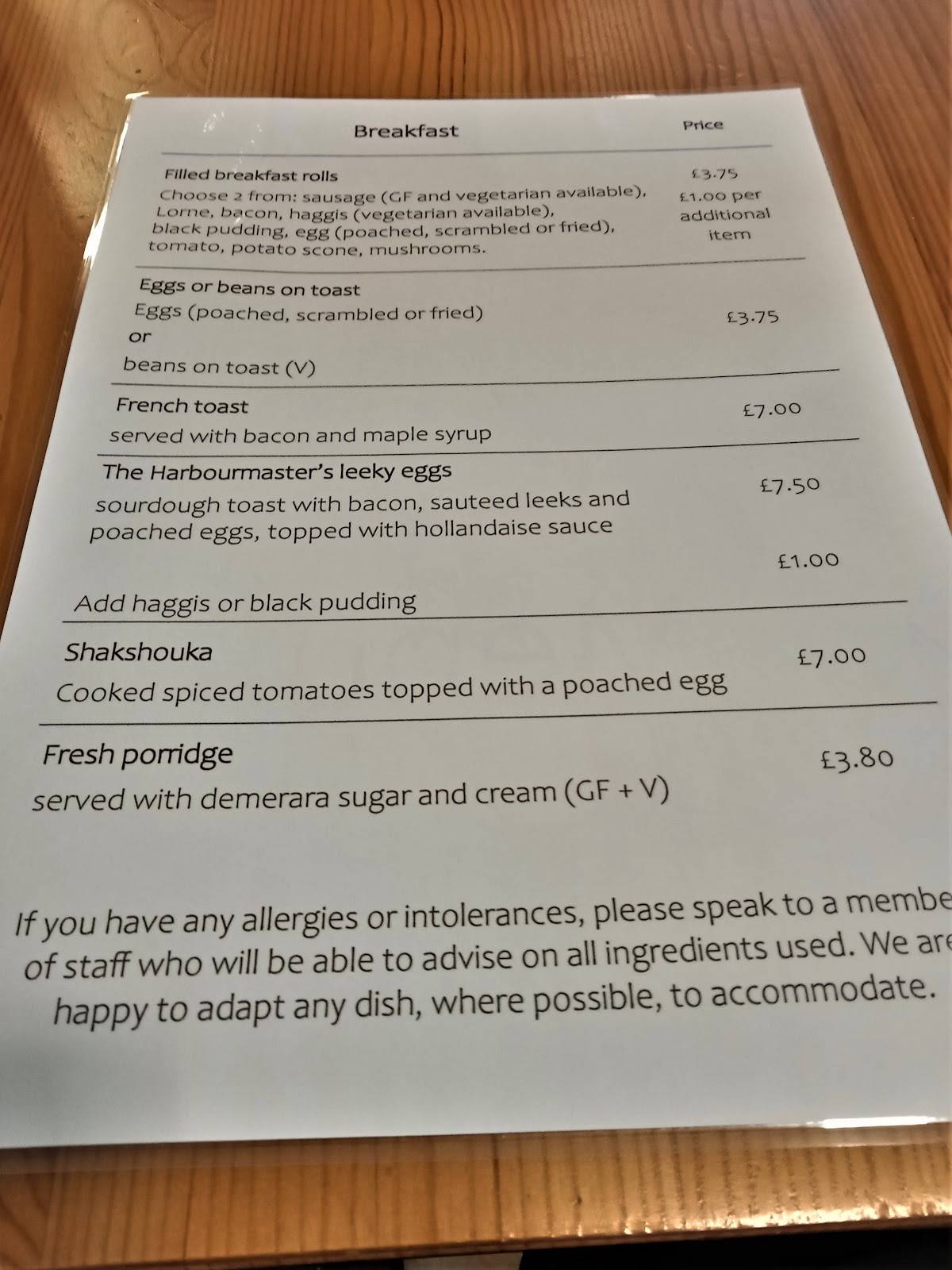 Menu at The Harbourmaster's Café cafe, Kirkcaldy