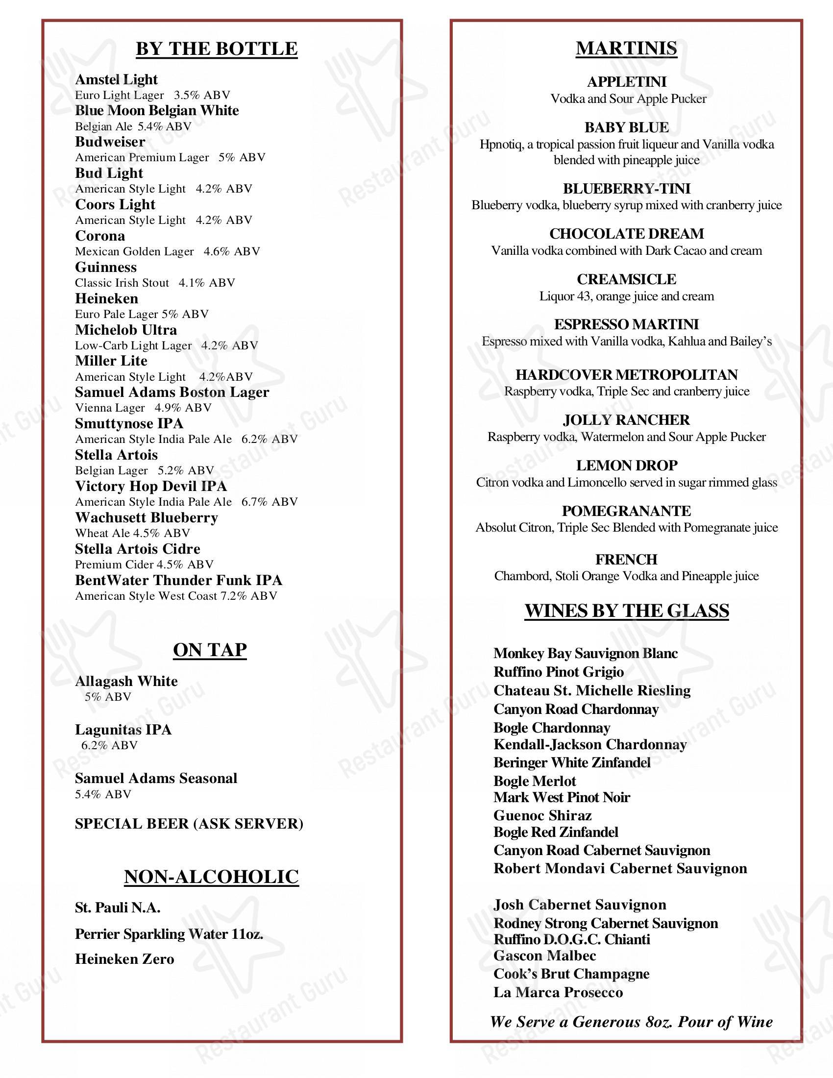 Carta de The Hardcover Restaurant, Danvers