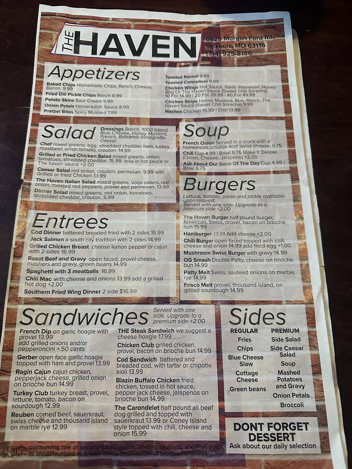 Menu at The Haven Bistro pub & bar, St. Louis, Morgan Ford Rd