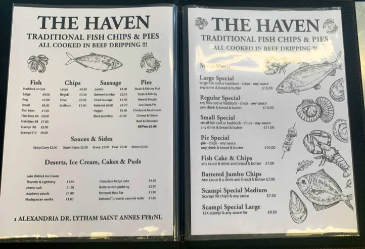 Menu at The Haven restaurant, Lytham Saint Annes