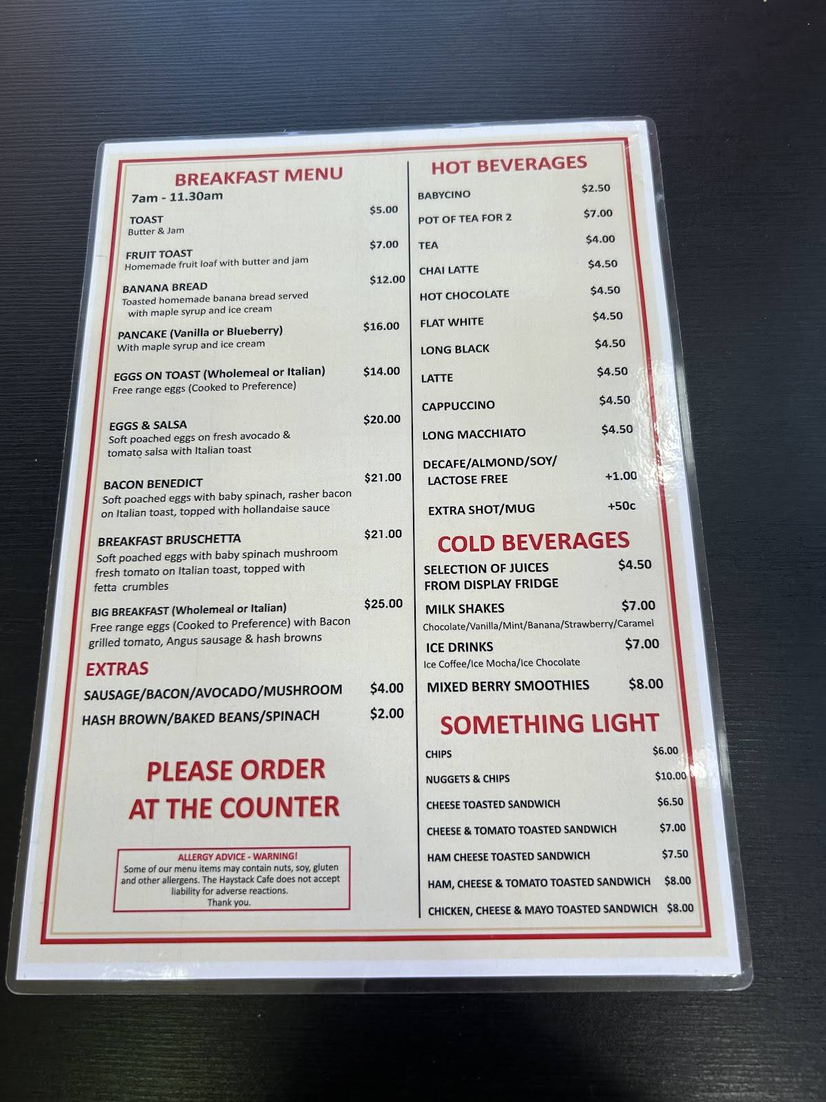 Menu at The Haystack Cafe, Wangara