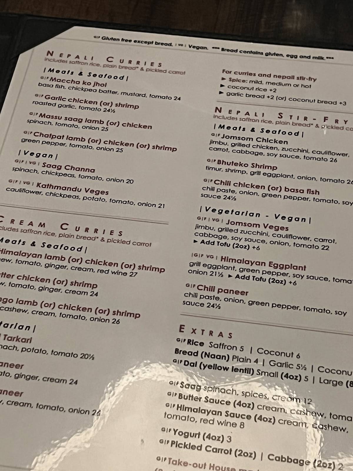 Menu at The Himalayan restaurant, Calgary