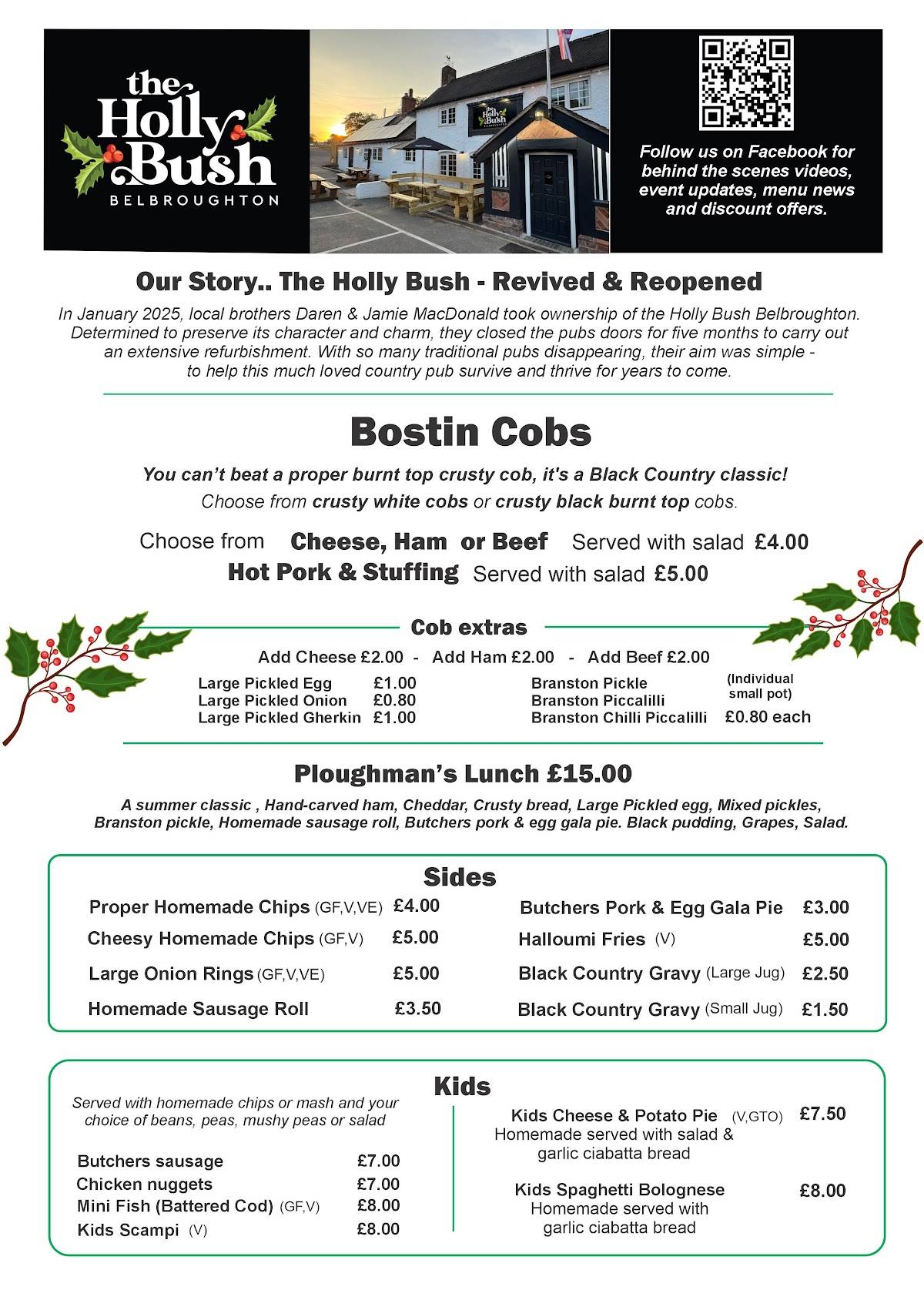 Menu at The Holly Bush, Belbroughton pub & bar, Stourbridge