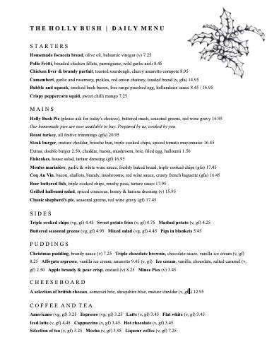 Menu at The Holly Bush pub & bar, St Albans