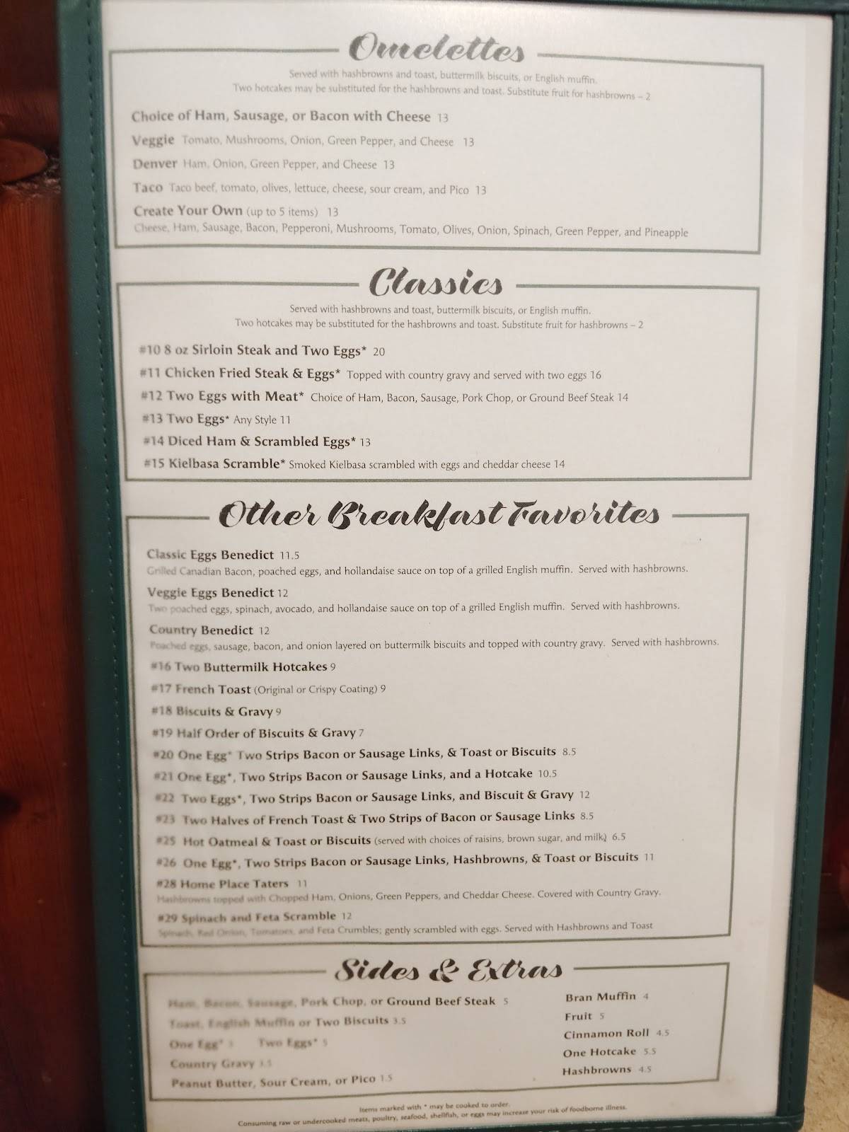 Menu at The Home Place Restaurant, Silverton