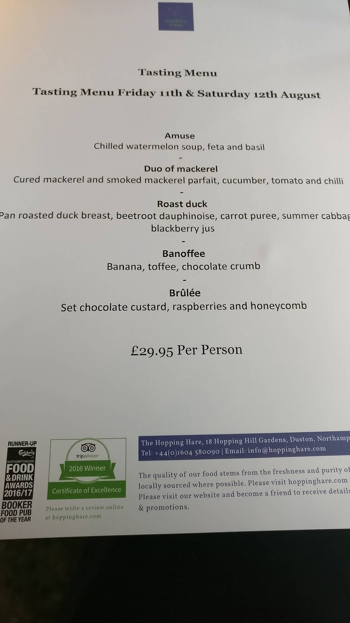 Menu at The Hopping Hare restaurant, Northampton