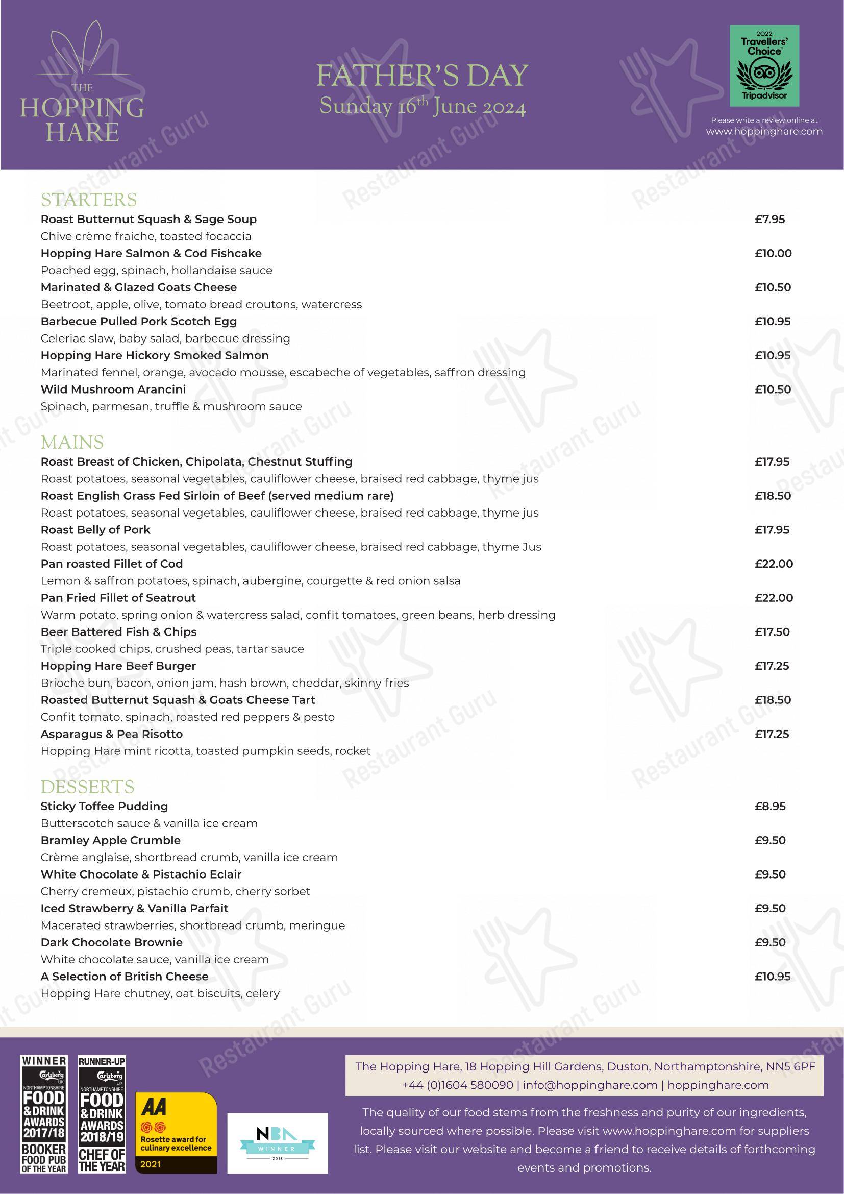 Menu at The Hopping Hare restaurant, Northampton