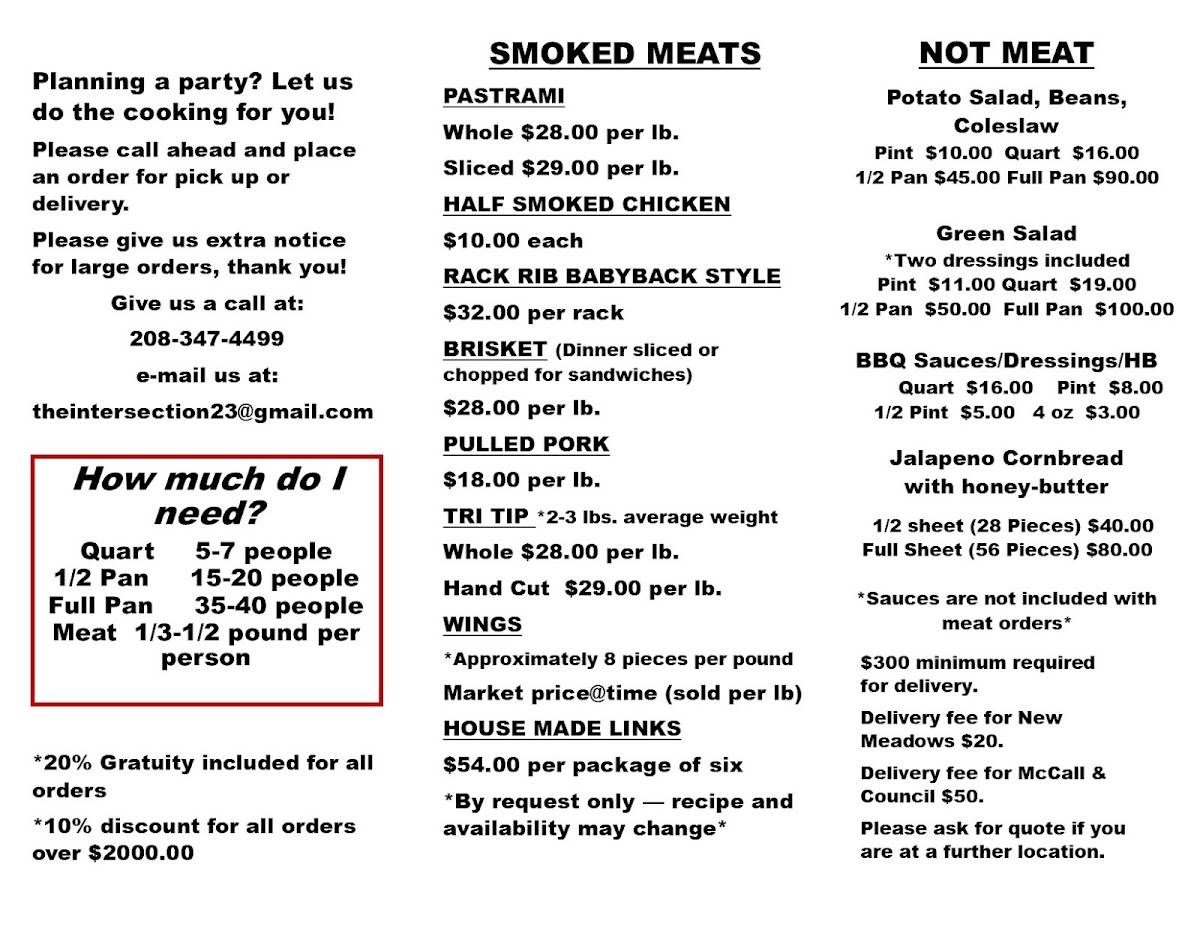 Menu at The Intersection BBQ, Bar & Grill, New Meadows
