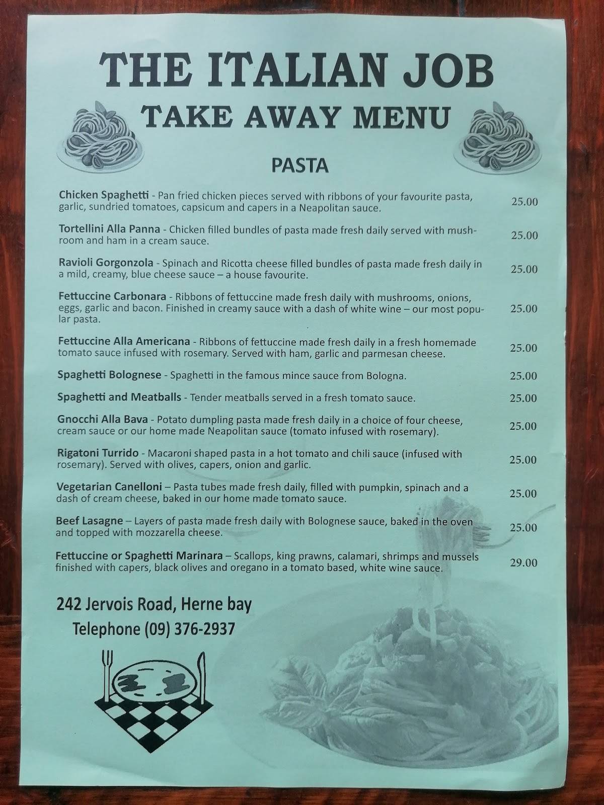 Menu at The Italian Job Restaurant, Auckland