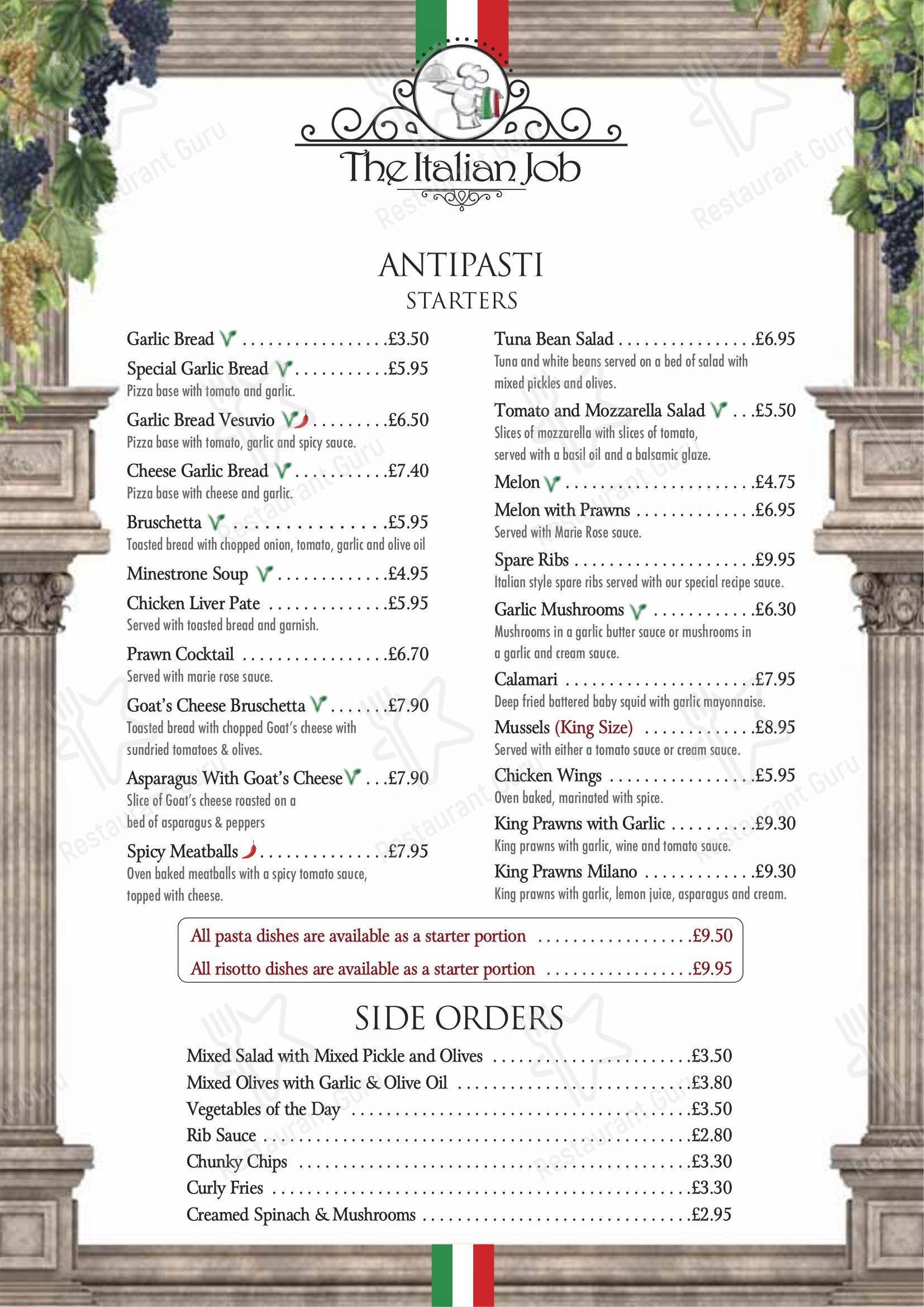 Menu at The Italian Job restaurant, Manchester