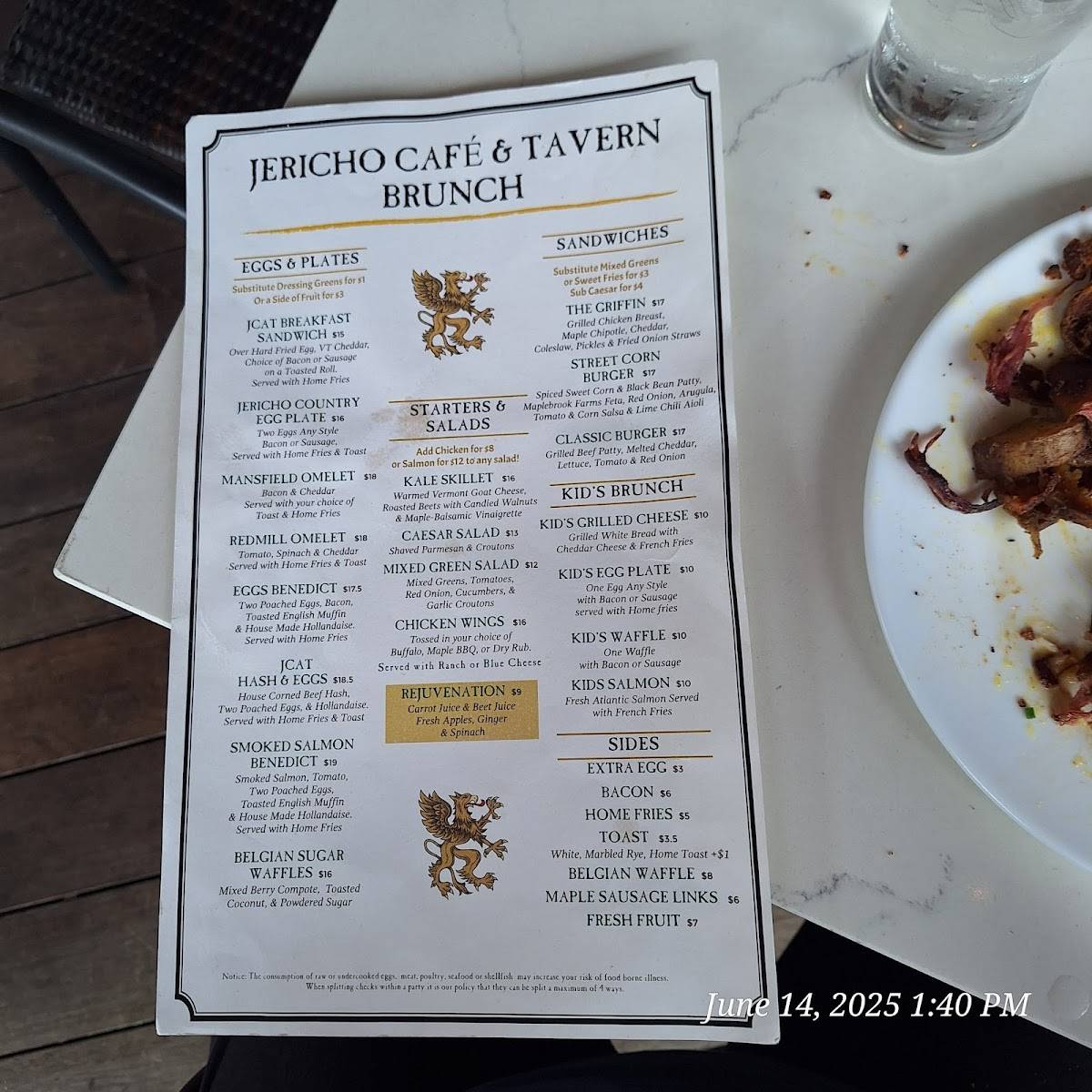 Menu at The Jericho Café & Tavern restaurant, Jericho, 30 VT-15