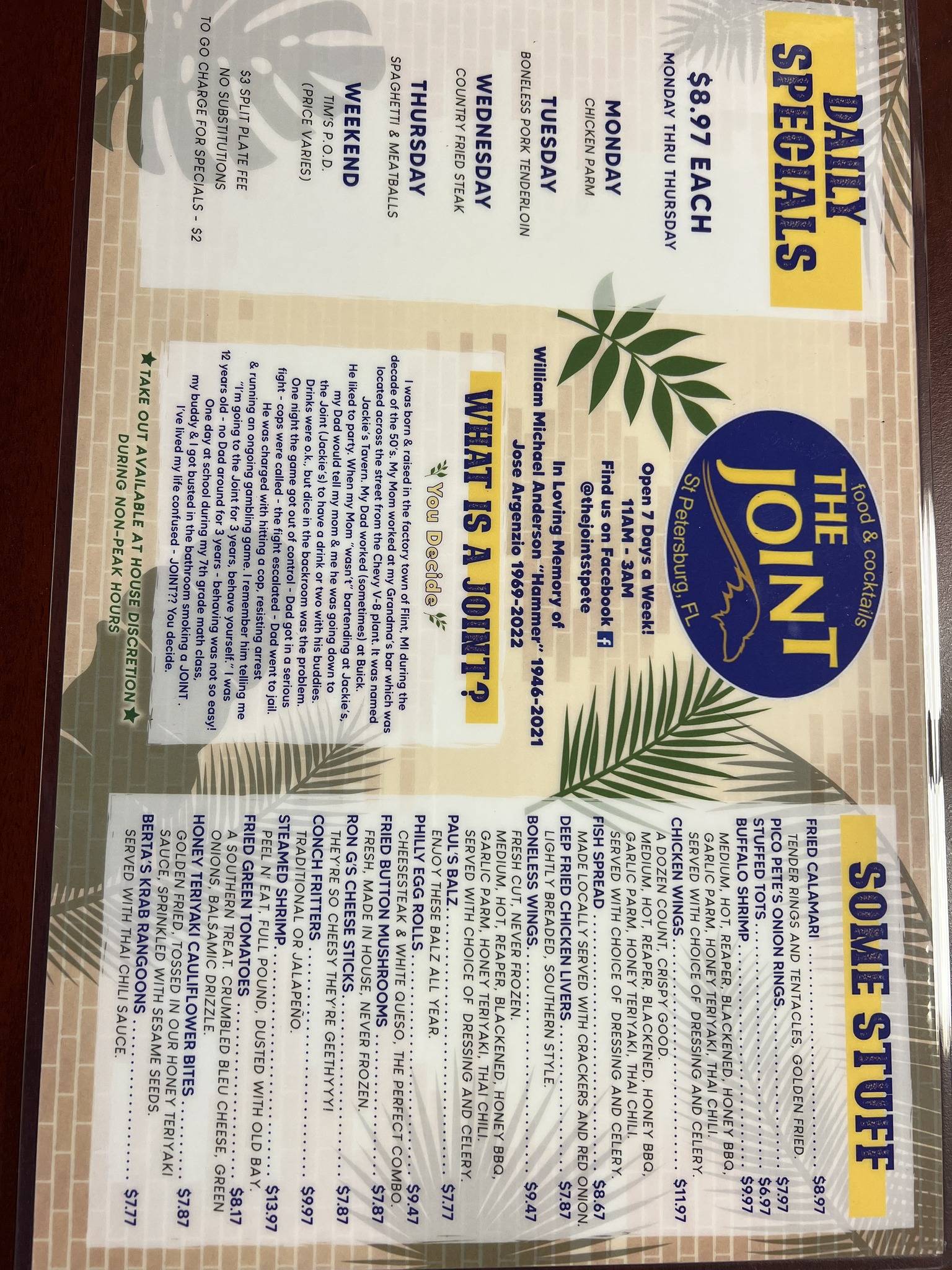 Menu at The Joint St. Pete pub & bar, Saint Petersburg