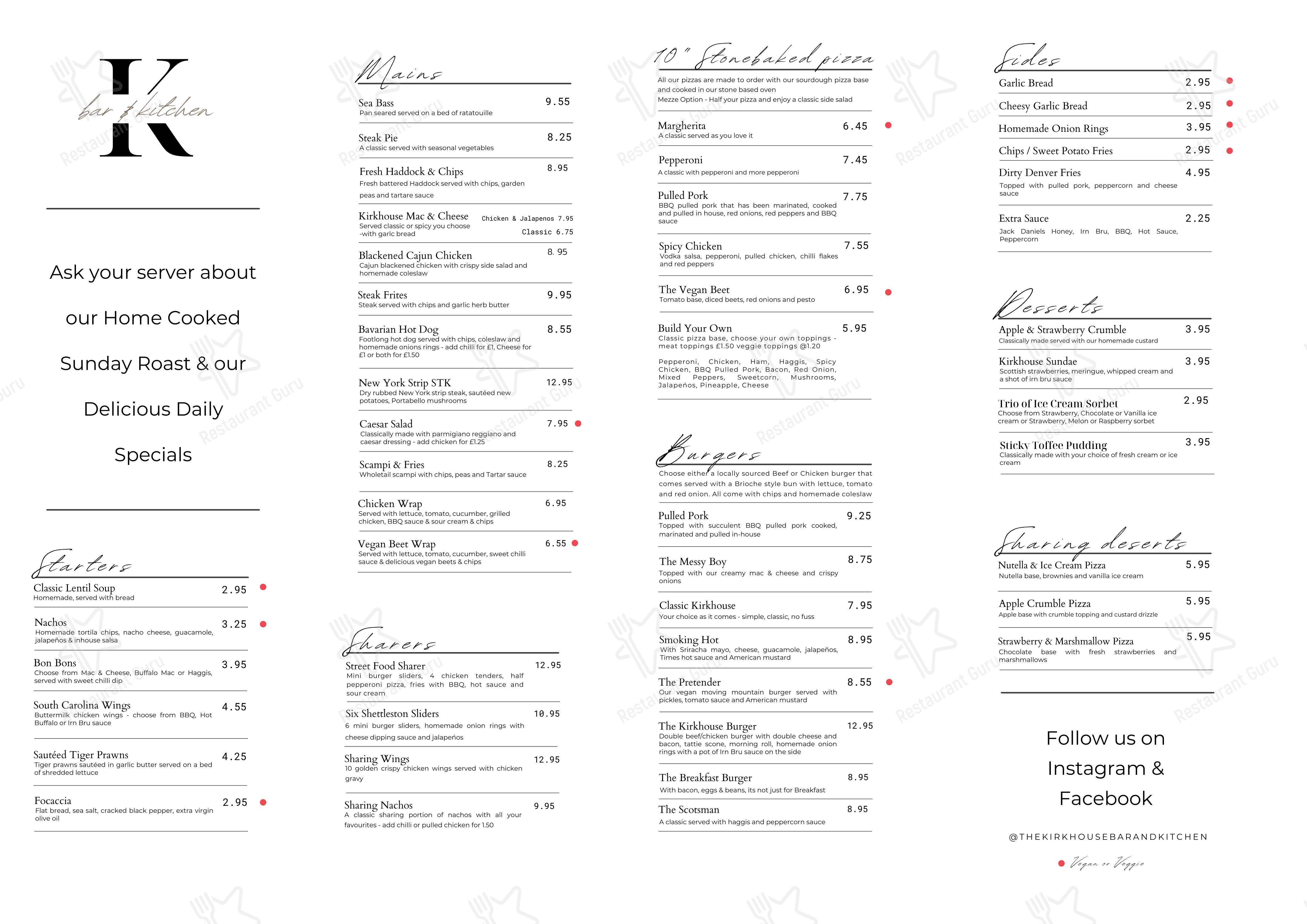 Menu at The Kirkhouse pub & bar, Glasgow, Shettleston Rd