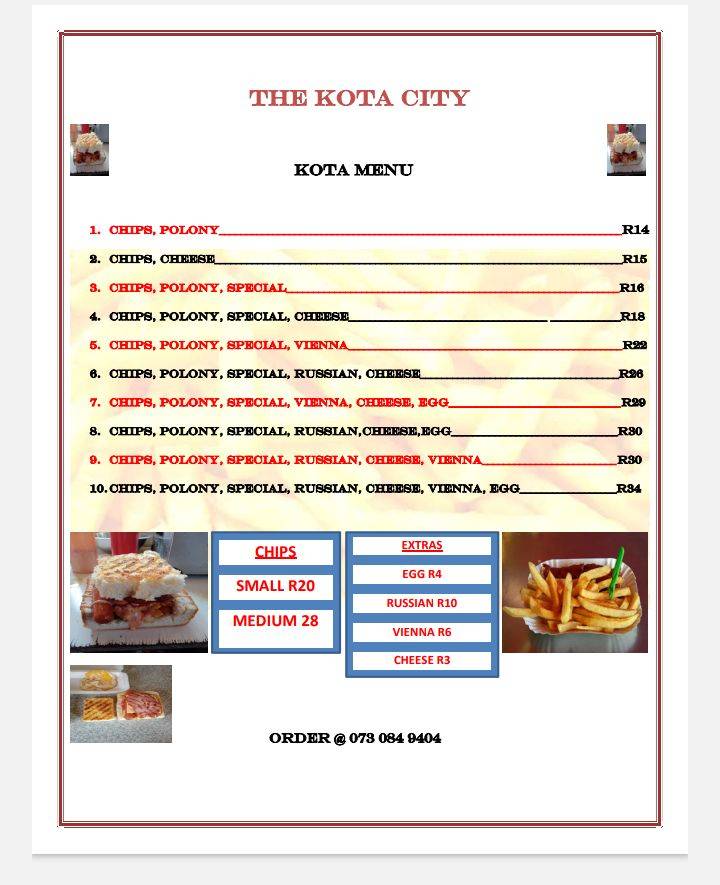Menu at The Kota City restaurant, Johannesburg