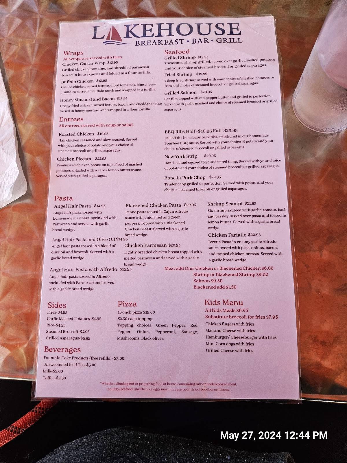 Menu at The Lakehouse restaurant, Elkhorn