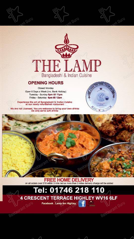Menu at Lamp Indian Restaurant, Highley