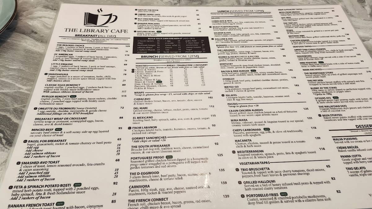 Menu at The Library Cafe, Sandton
