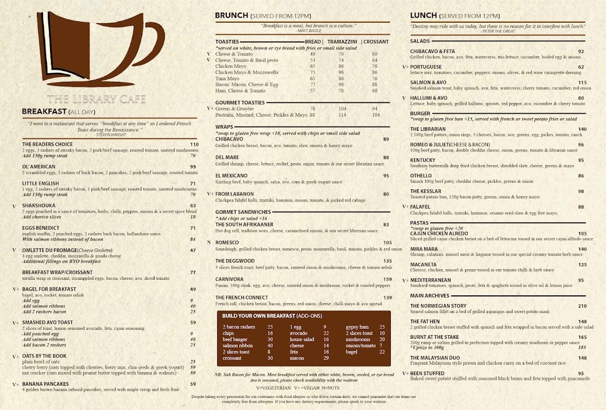 Speisekarte von The Library Cafe, Sandton