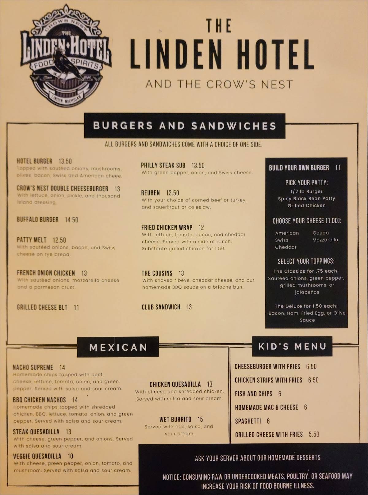 Menu at The Linden Hotel pub & bar, Linden