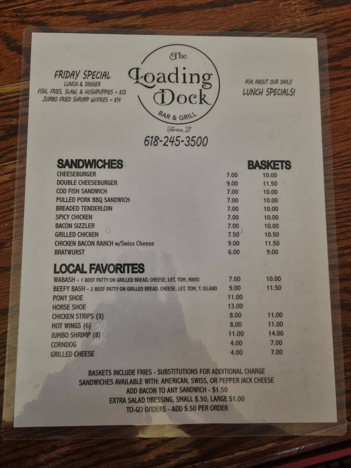 Menu at The Loading Dock Bar & Grill, Farina
