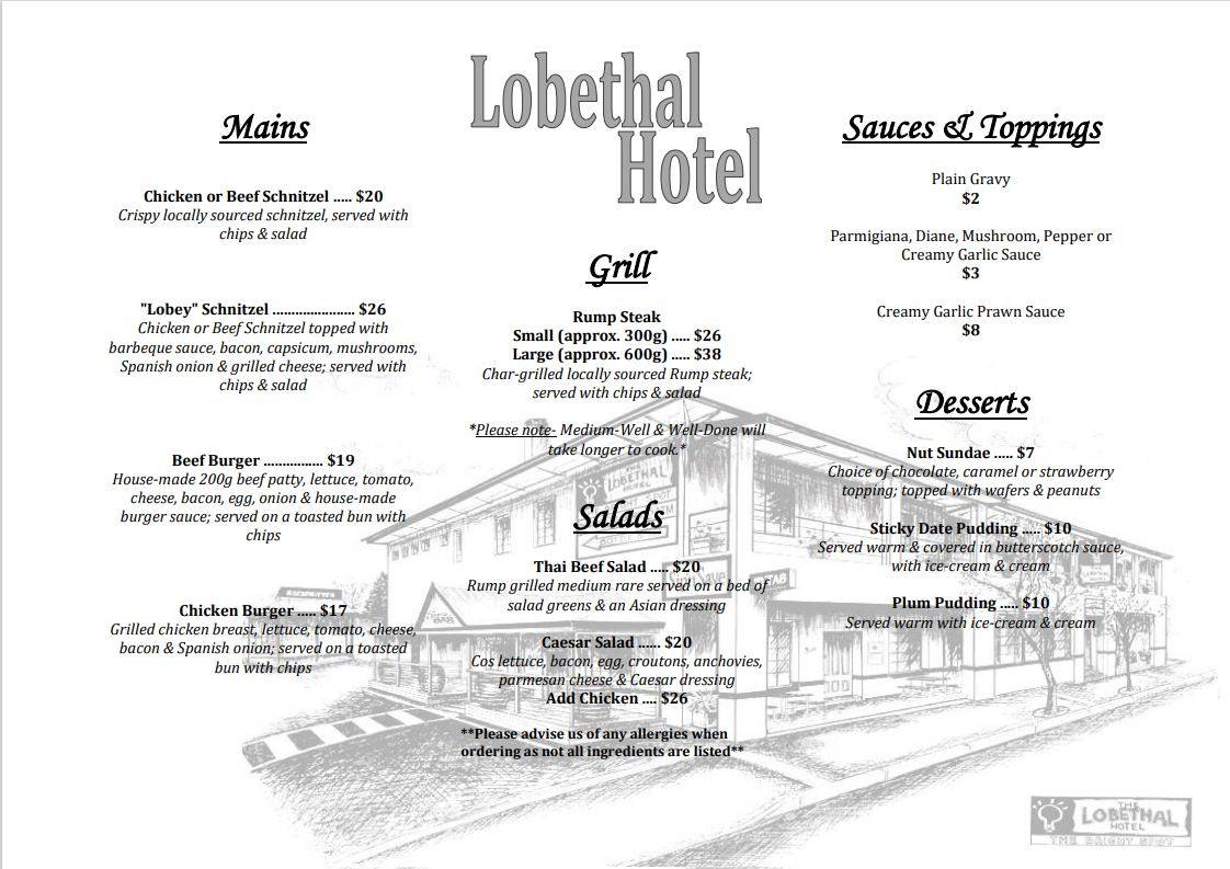 Menu at The Lobethal Hotel pub & bar, Lobethal