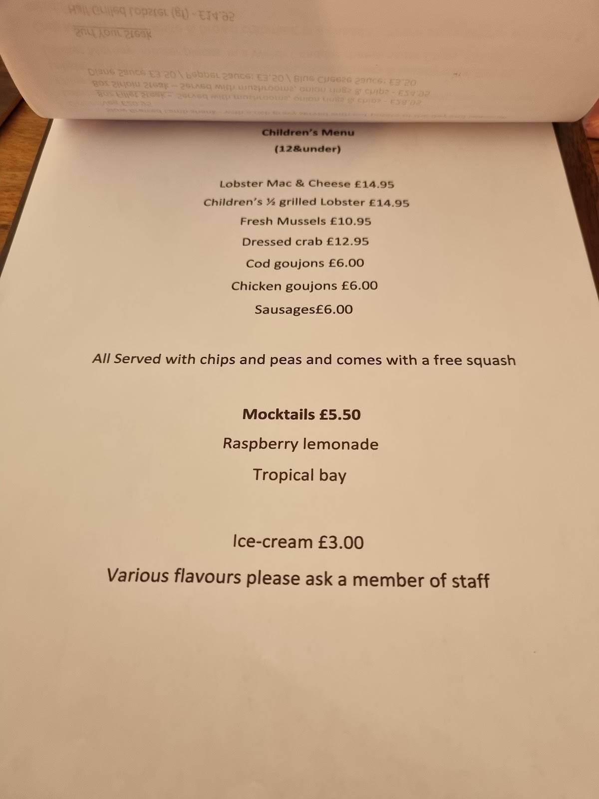 Menu at The Lobster Pot restaurant, England, Church Bay