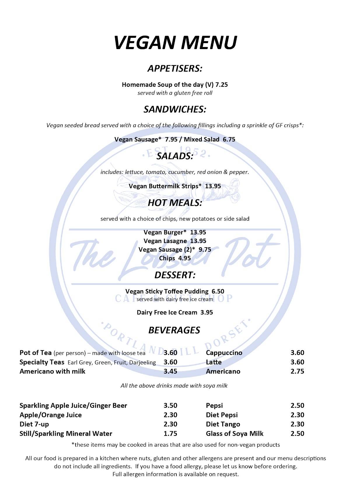 Menu at The Lobster Pot restaurant, Portland