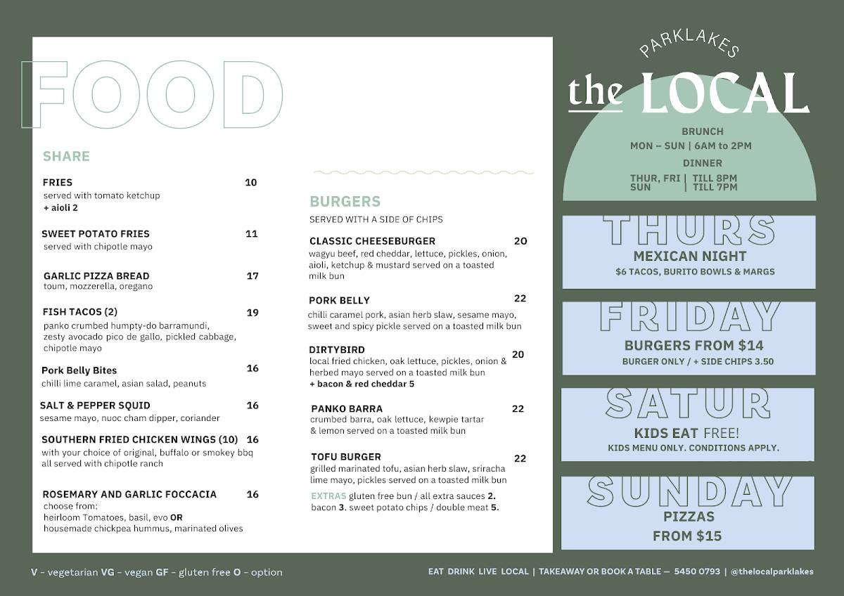 Menu at The Local Parklakes (Formerly Park and Co) restaurant, Bli Bli