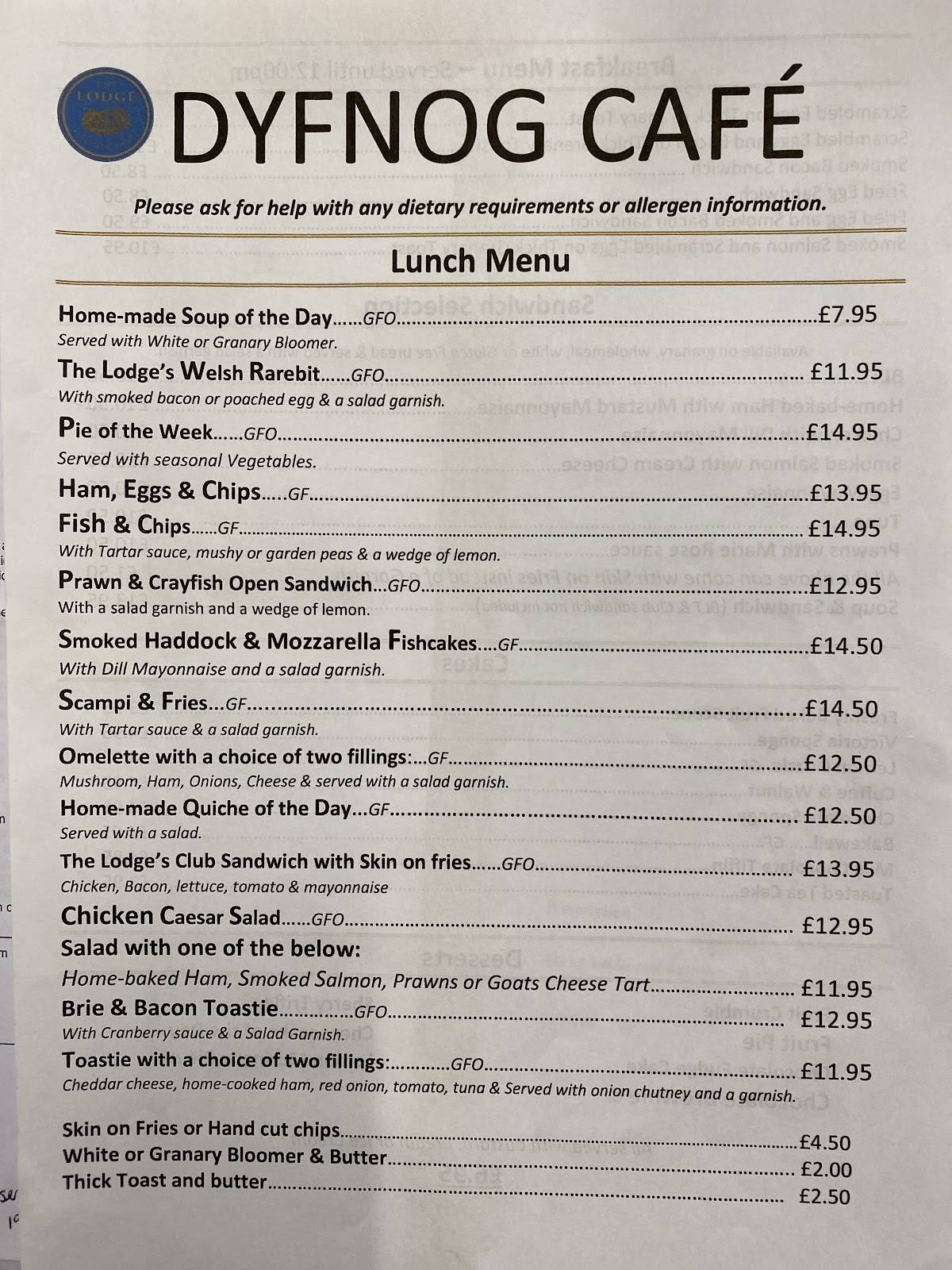 Menu at The Lodge cafe, Denbigh, Llanrhaeadr