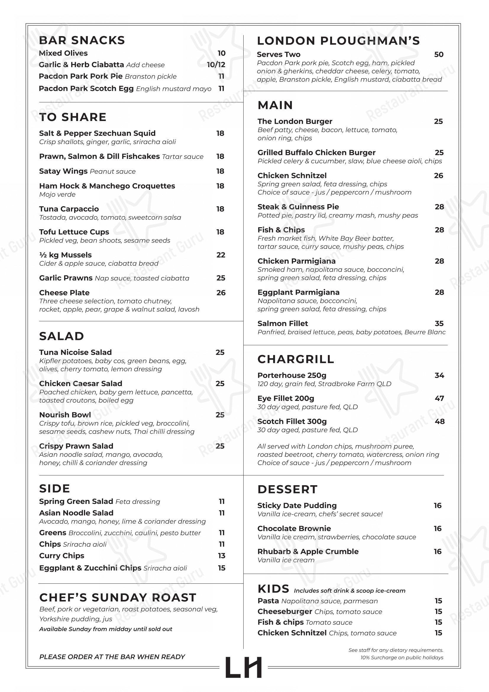 Menu at The London Hotel restaurant, Balmain, 234 Darling St