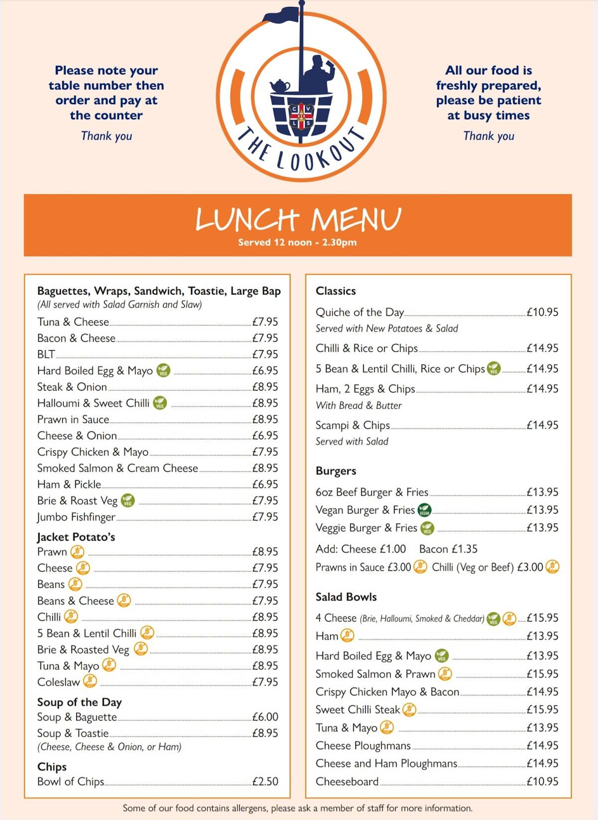 Menu at The Lookout Bistro and Kiosk restaurant, Great Yarmouth